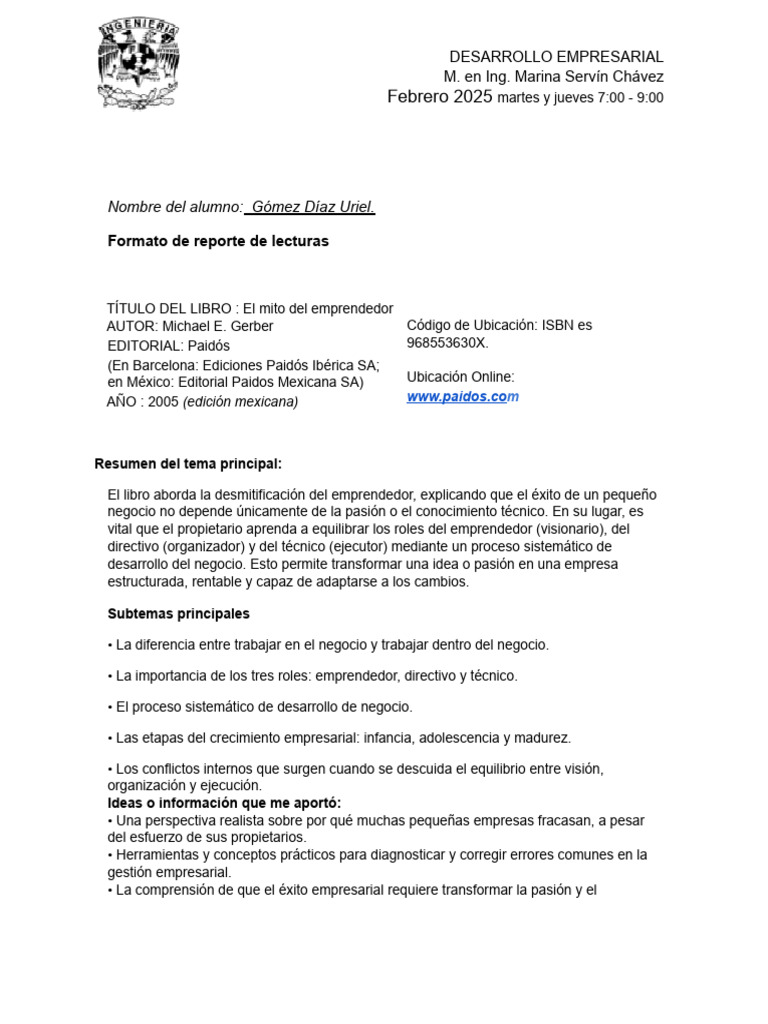 Reporte de Lectura Libro 1 | PDF | Iniciativa empresarial
