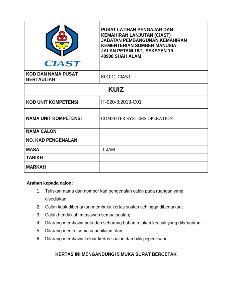 SOALAN Contoh PKK Pengetahuan - Kuiz | PDF