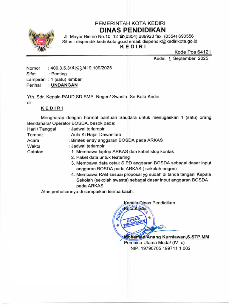 Undangan Bimtek ARKAS BOSDA | PDF