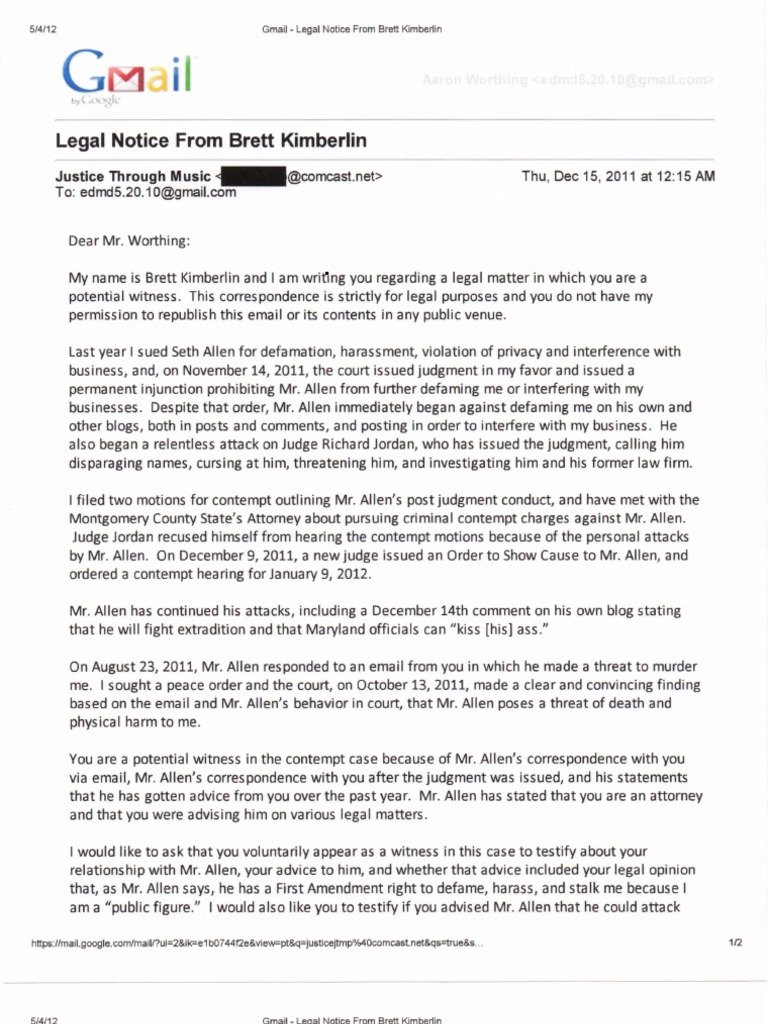 Email From Brett Kimberlin 12.15.11 (OCR) | PDF | Contempt Of Court ...