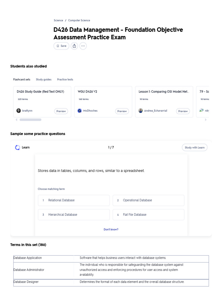 D426 Data Management - Foundation Objective Assessment Practice Exam Flashcards - Quizlet | PDF ...