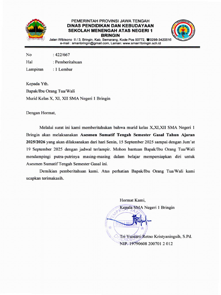 Jadwal Asesmen SMA N 1 Bringin 2025 | PDF