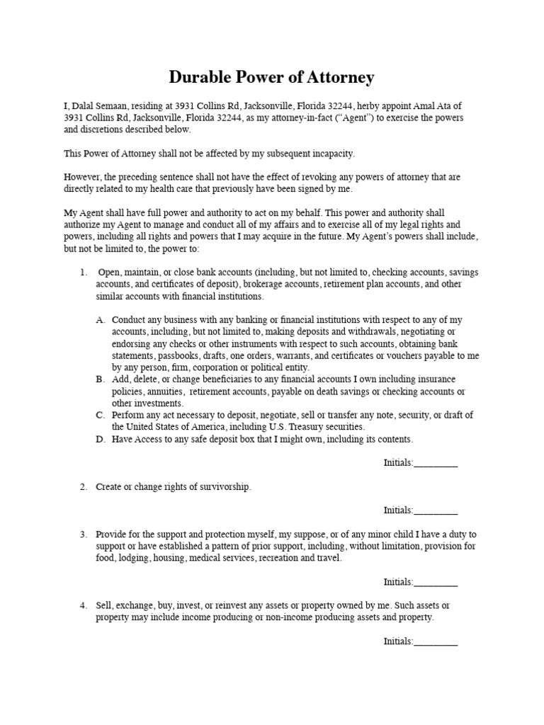 Durable Power of Attorney Document | PDF | Power Of Attorney | Will And ...