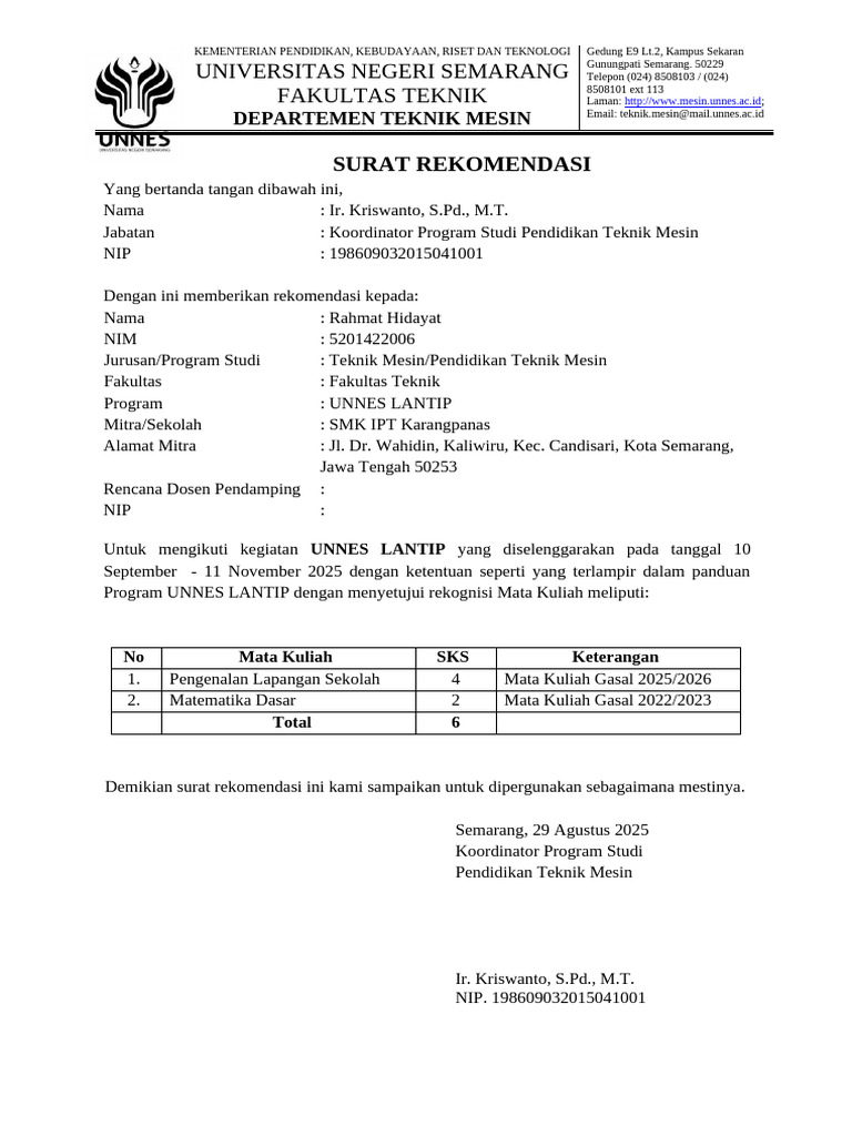Rekomendasi UNNES untuk Rahmat Hidayat | PDF