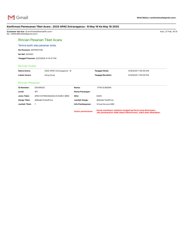 Konfirmasi Pemesanan Tiket Acara - 2025 APAC Extravaganza - B May 16 Ke ...