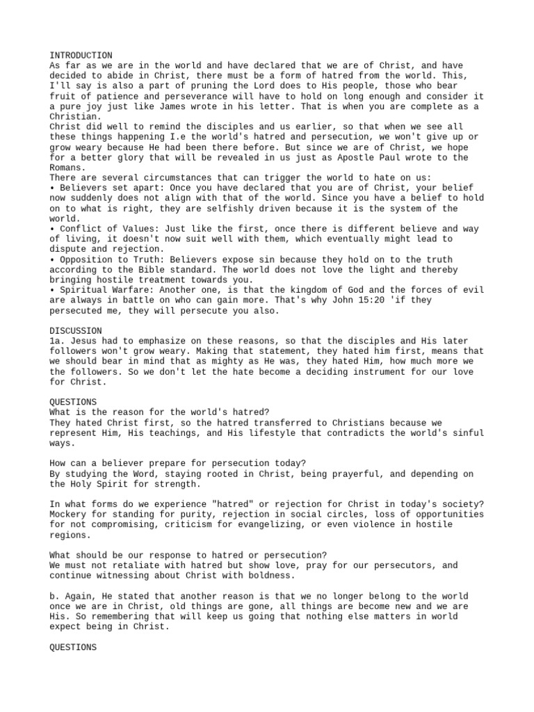 Lessons On The World S Hatred Pdf Jesus God