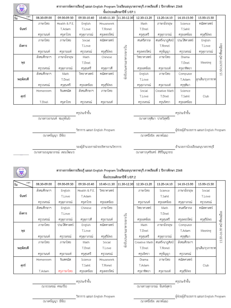 ตารางการจัดการเรียนรู้แผนกEPภาคเรียนที่1ป | PDF