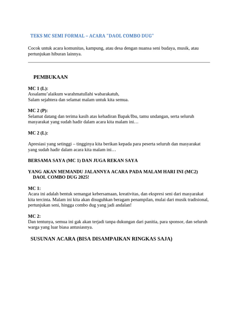 ? TEKS MC SEMI FORMAL Daul Combodug Anis | PDF
