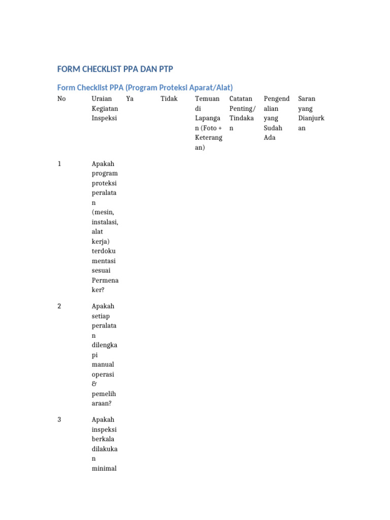 Form Checklist PPA PTP | PDF