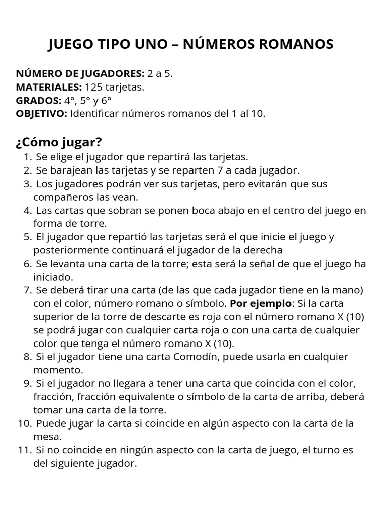 Uno Números Romanos | PDF | Juegos de habilidad mental | Juegos de mesa
