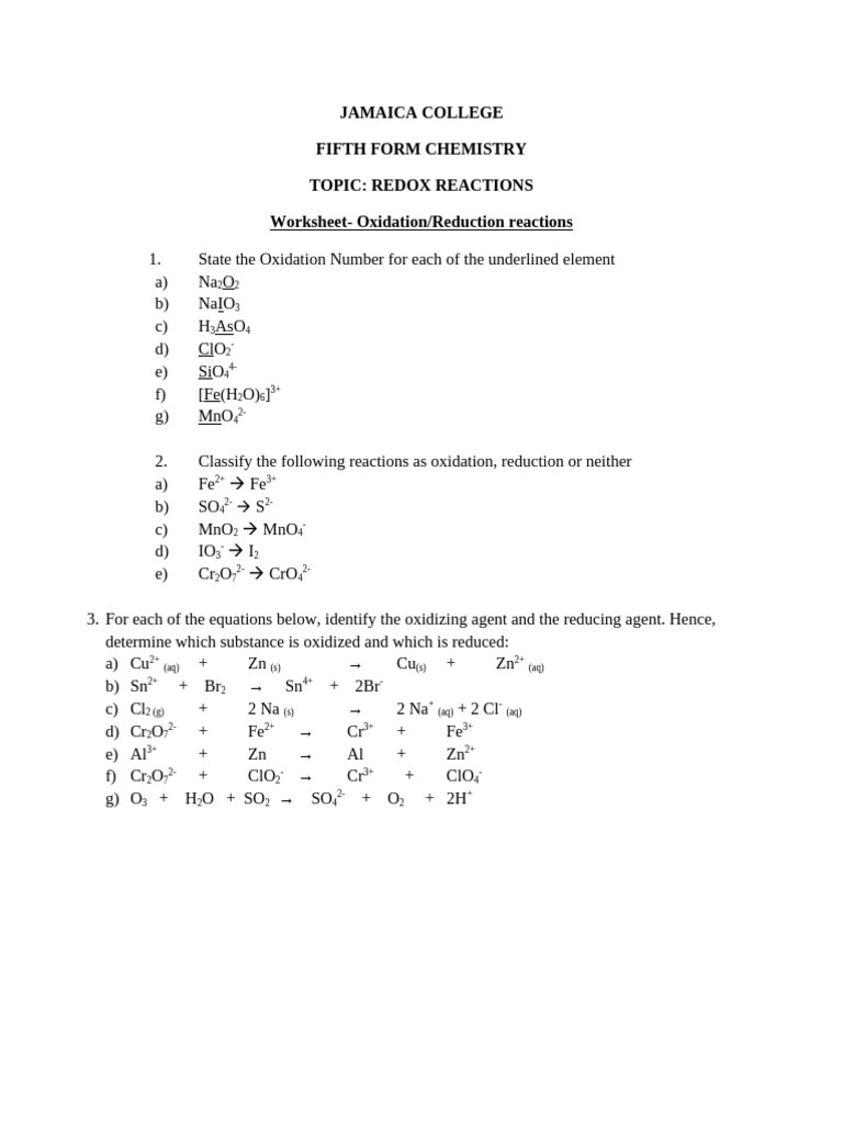 Redox Reactions Worksheet (With Notes) | PDF | Redox | Physical Chemistry