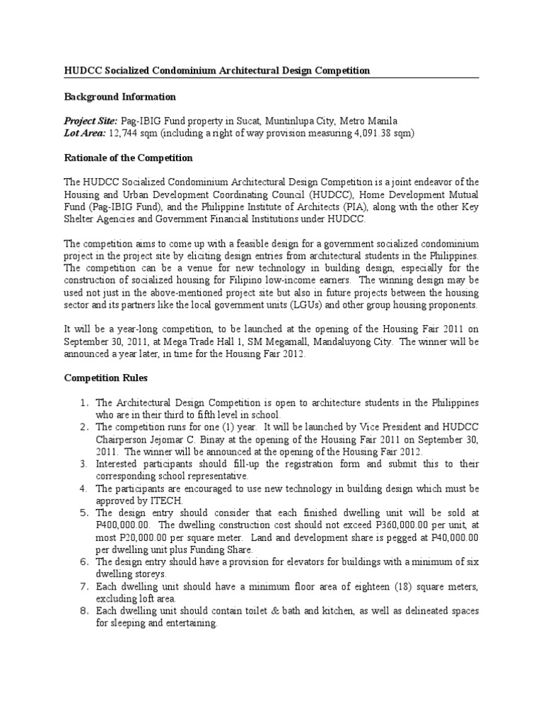 HUDCC Socialized Condo Design Competition | PDF | Real Estate Law ...