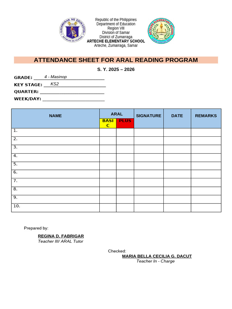 ARAL Program Attendance Sheet 2025-2026 | PDF