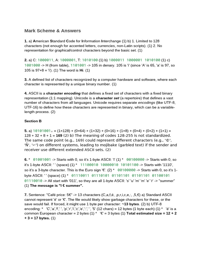 1.6 ASCII and Unicodes - Mark Scheme | PDF