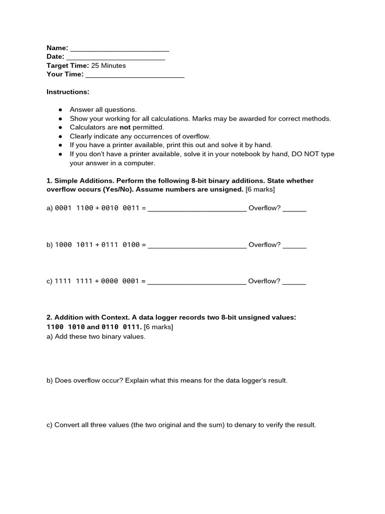 Binary Addition and Subtraction Worksheet | PDF | Subtraction ...