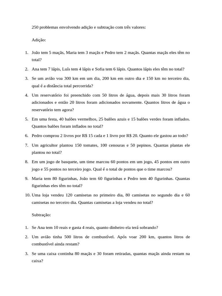 250 problemas envolvendo adição e subtração com três valores | PDF ...