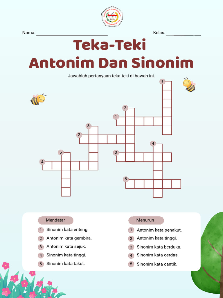 Teka-Teki Antonim Dan Sinonim Lembar Kerja Biru Coklat Cat Air | PDF