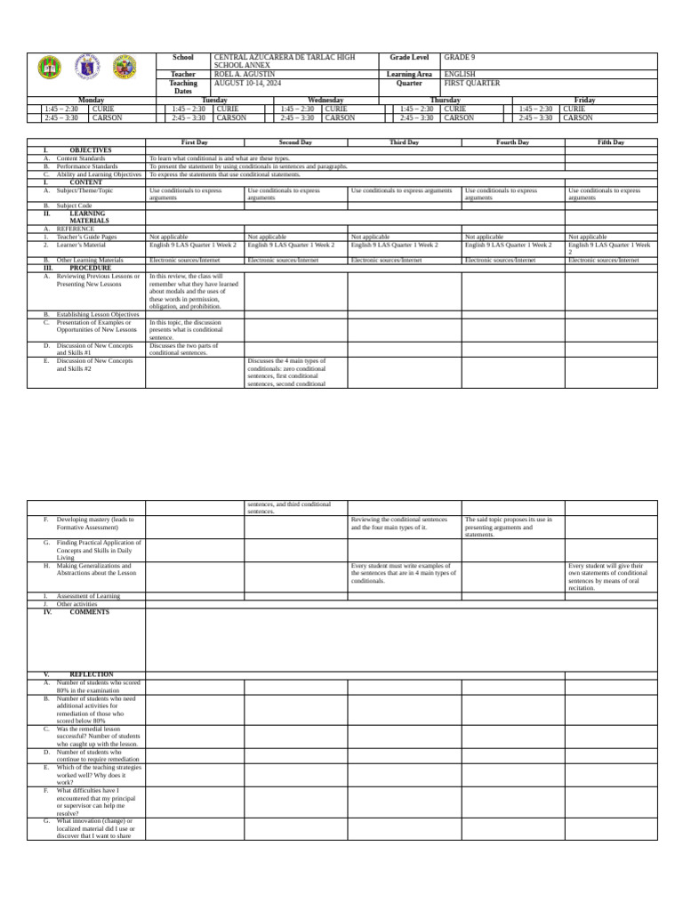 CATHS Annex English 9 Lesson Plan | PDF | Learning | Reading Comprehension