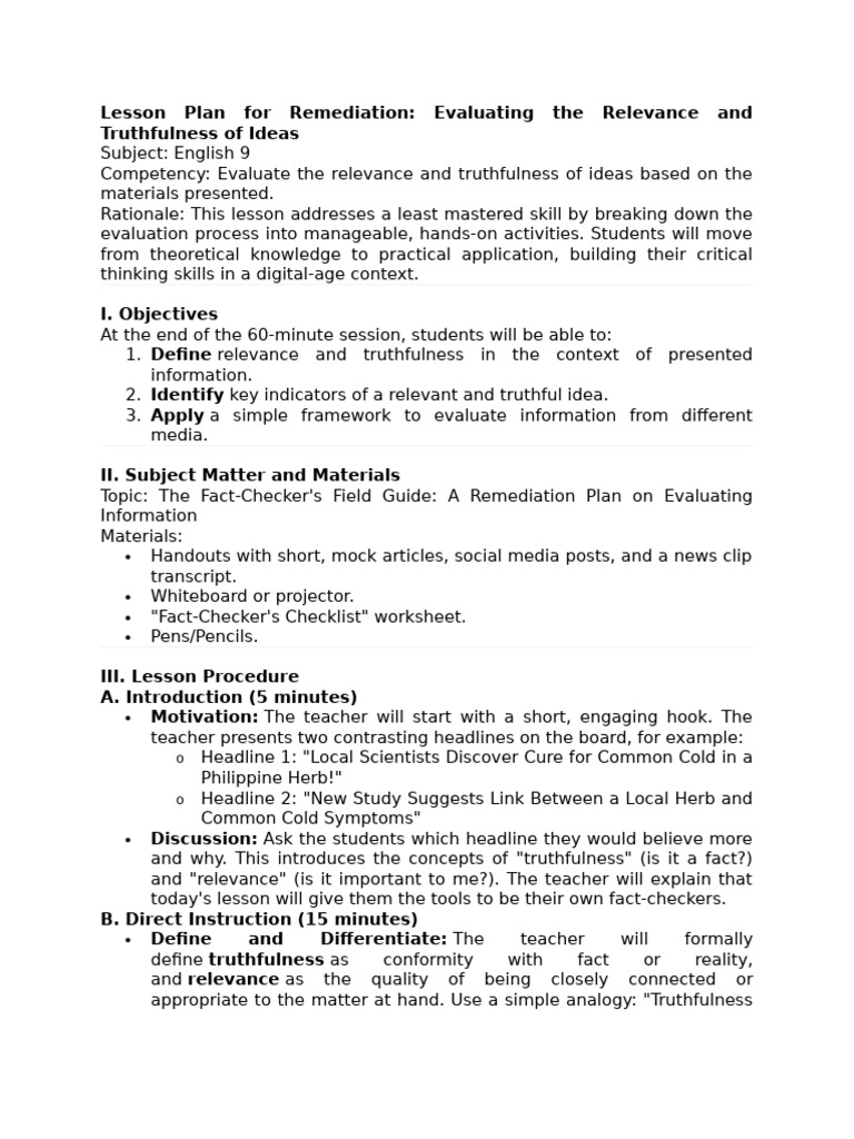 Lesson Plan For Remediation (NCOI) | PDF | Human Communication | Cognitive Psychology