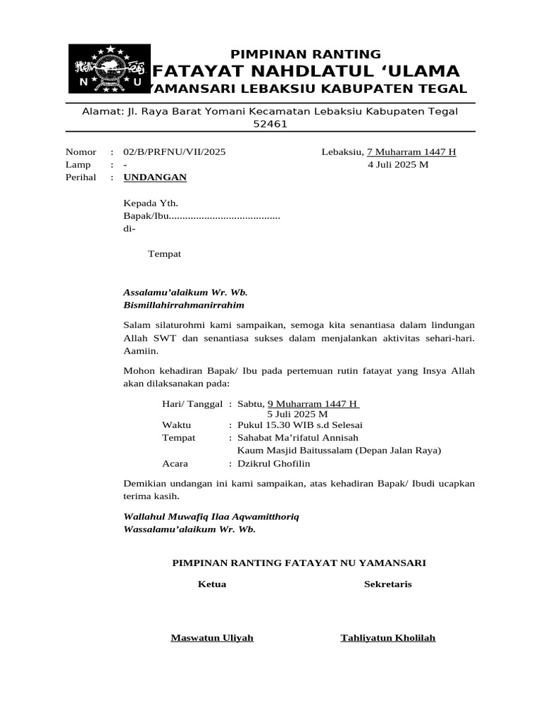 Undangan Fatayat Nu | PDF