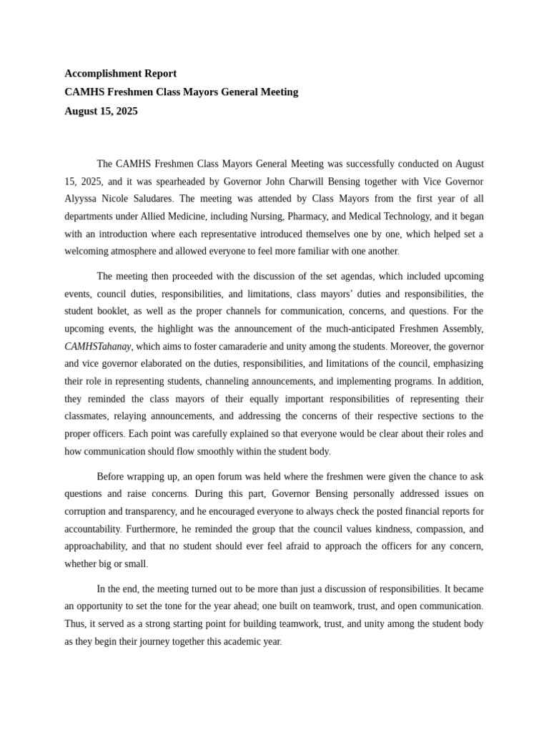 Ac Report - Freshment Meeting - Aug 15 | PDF