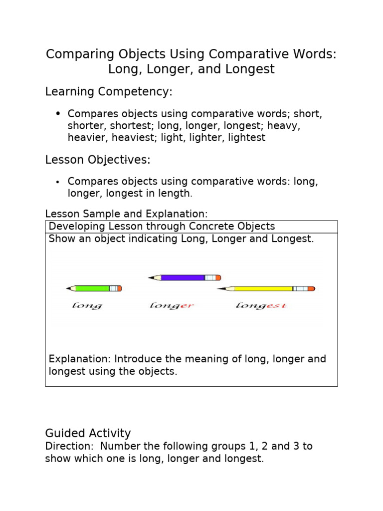 g1 - Compares Objects Using Comparative Words Long, Longer, Longest-L2 ...