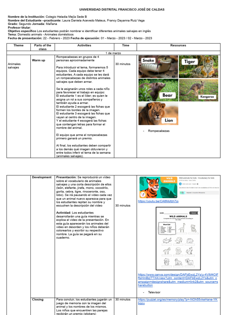 01 - 03 - 2022 - Lesson Plan - Segundo (Animales Salvajes) | PDF