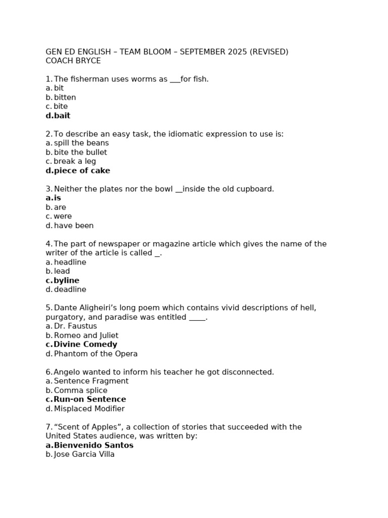 Gen Ed English Quiz - Team Bloom 2025 | PDF | Poetry