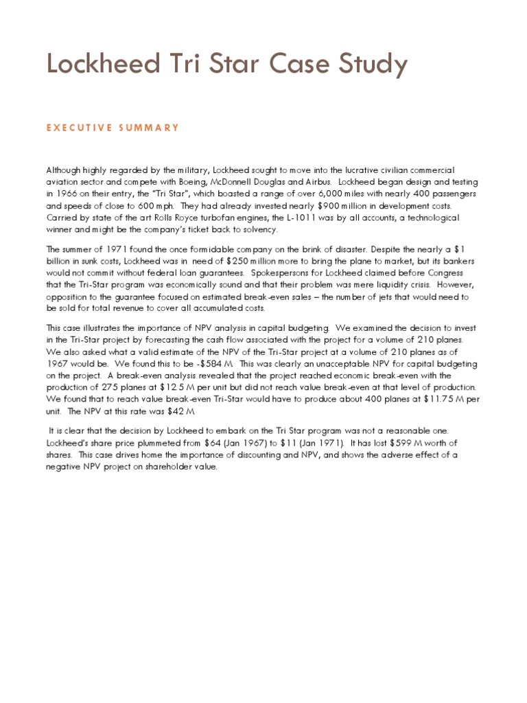 Lockheed Tri Star Case Study: Executive Summary | PDF | Net Present Value | Discounted Cash Flow
