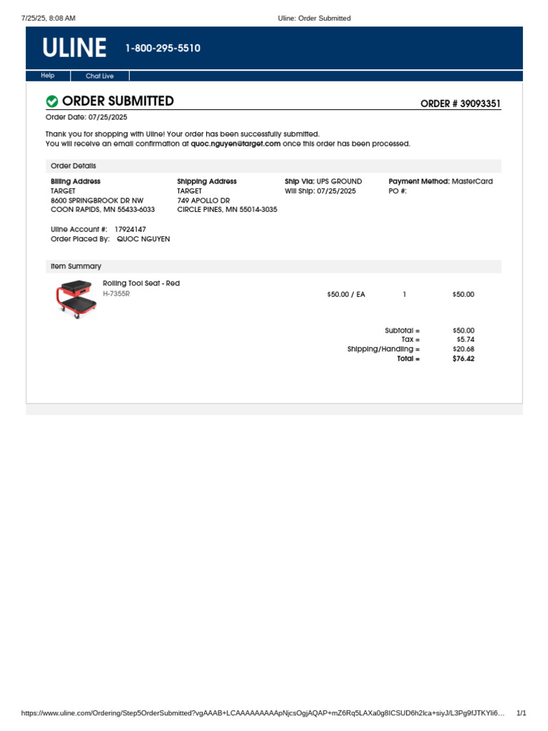Uline - Order Submitted | PDF