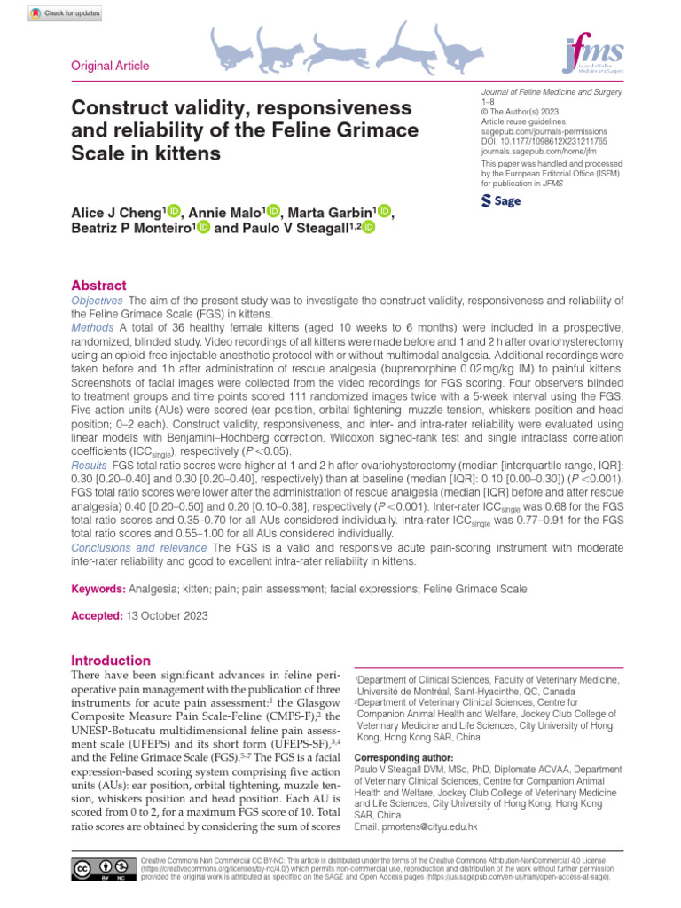Validity of Feline Grimace Scale in Kittens | PDF
