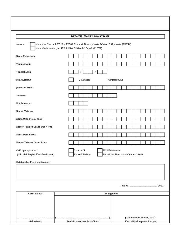 Formulir Daftar Ulang Asrama Tahun 2025 | PDF