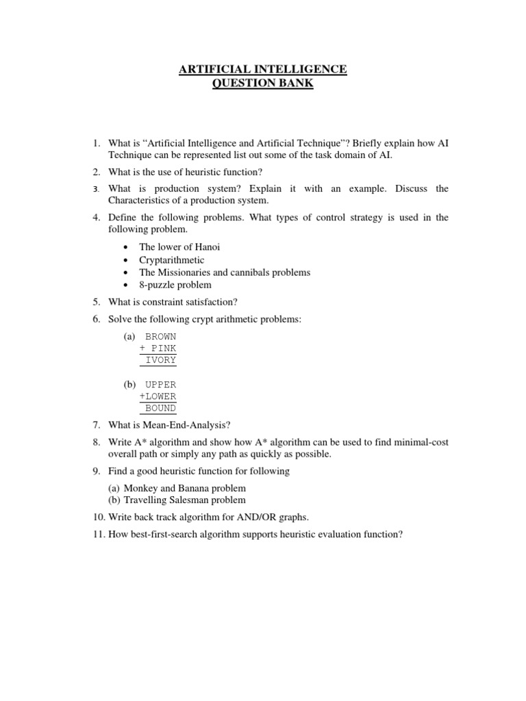 Artificial Intelligence Question Bank | PDF | Artificial Intelligence ...