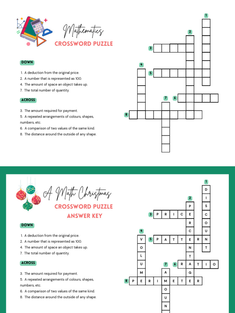 A Math Christmas Crossword Puzzle Digital Worksheet in Green White ...