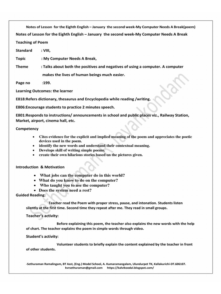 8Th EnglishNotes of Lesson For The - January The Second Week-My ...