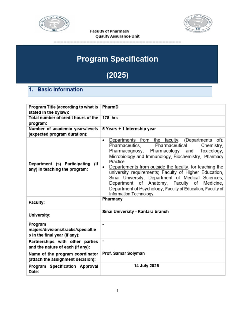 Program Specifications 2025 SMG 10-9-2025 | PDF | Pharmacy | Pharmacology