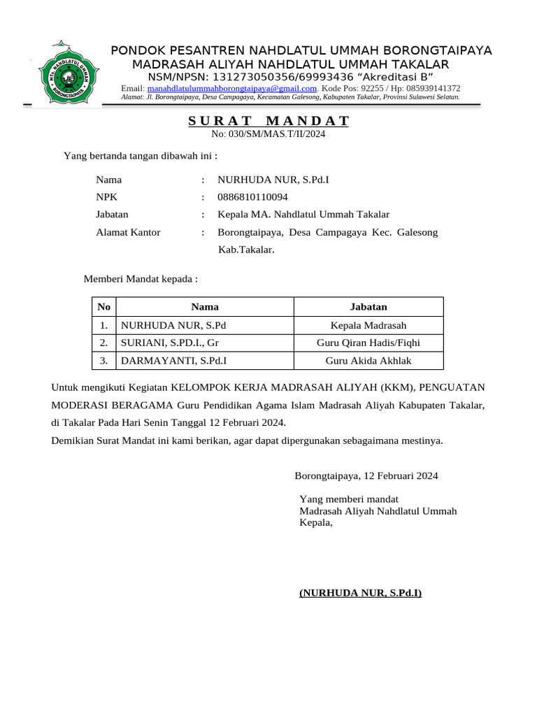 Surat Mandat dan Tugas MA Nahdlatul Ummah | PDF