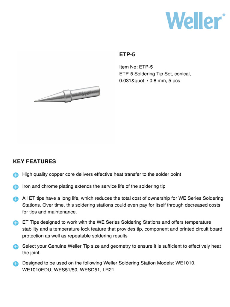Datasheet ETP 5 Soldering Tip Set Conical 0031quot 08 MM 5 Pcs ETP 5 | PDF