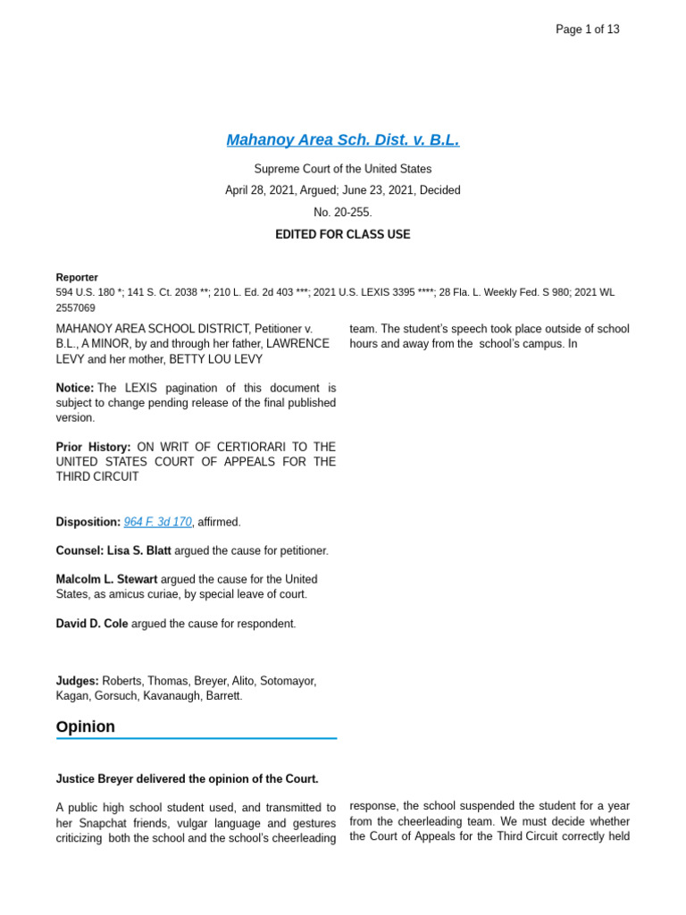 Mahanoy Area Sch. Dist. v. B.L. - 594 U.S. 180 (2021) | PDF | First ...