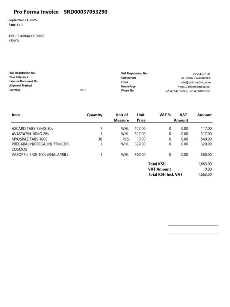 Pro Forma Invoice for Pharmaceuticals | PDF