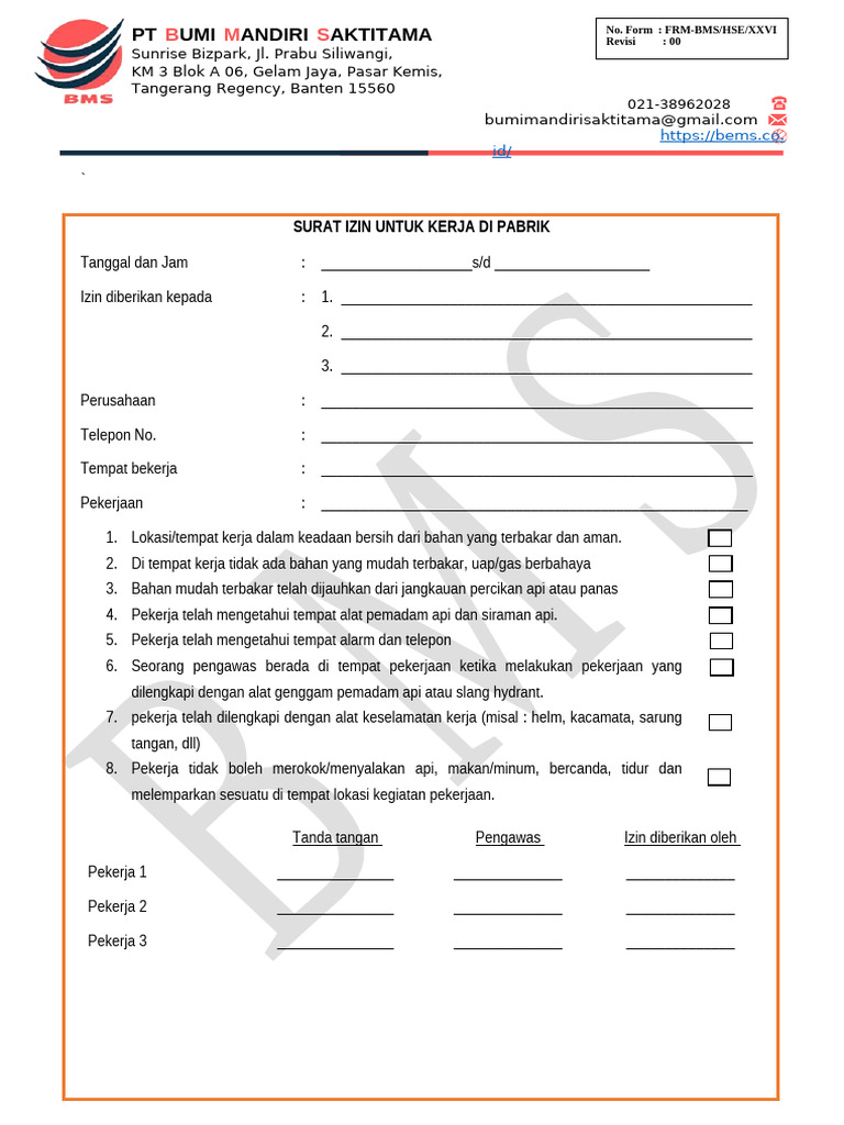 FRM-BMS-HSE-XXVI (Izin Kerja Di Pabrik - Work Permit) | PDF