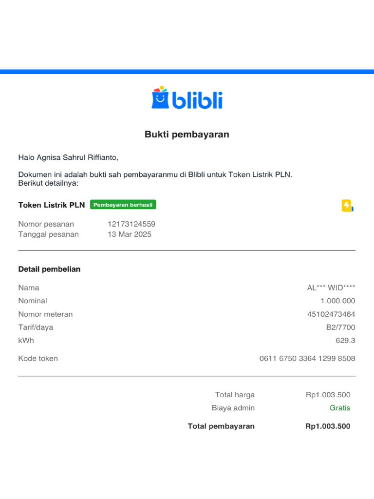 Blibli Invoice PLN Prepaid 12173124559 | PDF