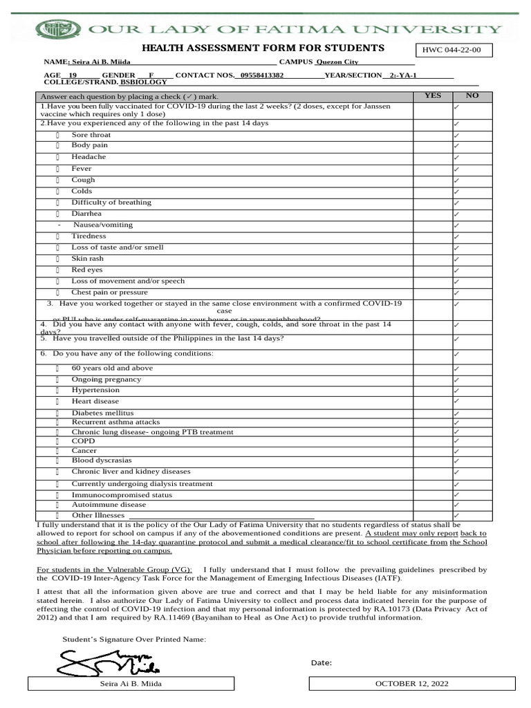 Student Health Assessment Form | PDF | Common Cold | Chronic Condition