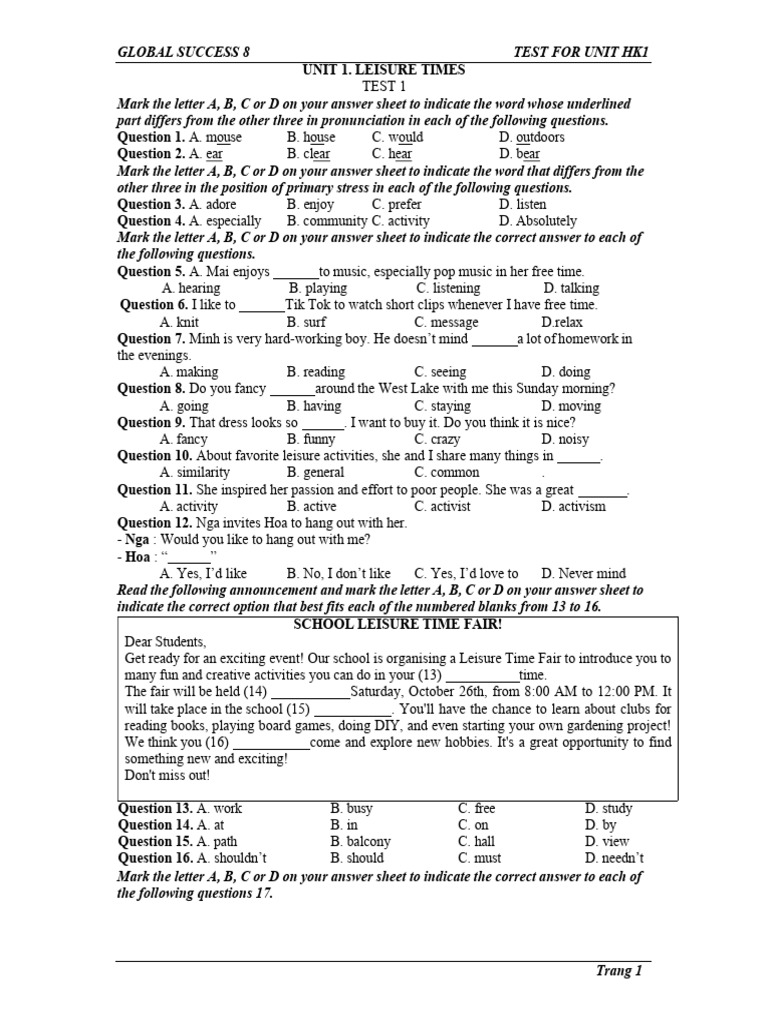 Unit 1 Grade8 2tests | PDF | Bathroom | Hobbies