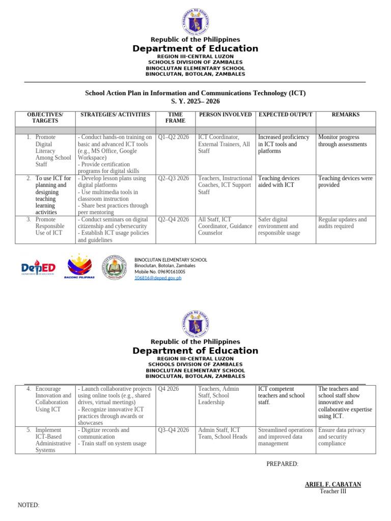 ICT Action Plan for Binoclutan School | PDF | Information And ...
