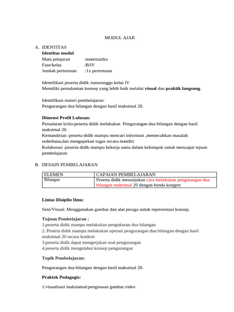 Modul Ajar Pengurangan Bilangan 20 | PDF