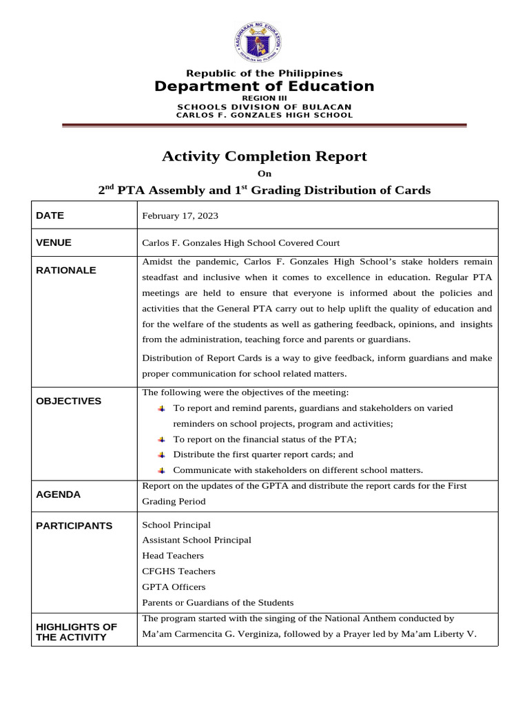 ACR Grade 7 2nd PTA and 1st Distribution of Crads | PDF