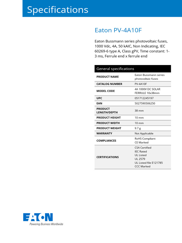 Fuse 4A 1000VDC 10x38mm | PDF | Fuse (Electrical) | Photovoltaics