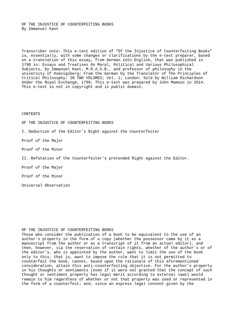 Of The Injustice of Counterfeiting (Ironic) | PDF | Property | Immanuel ...