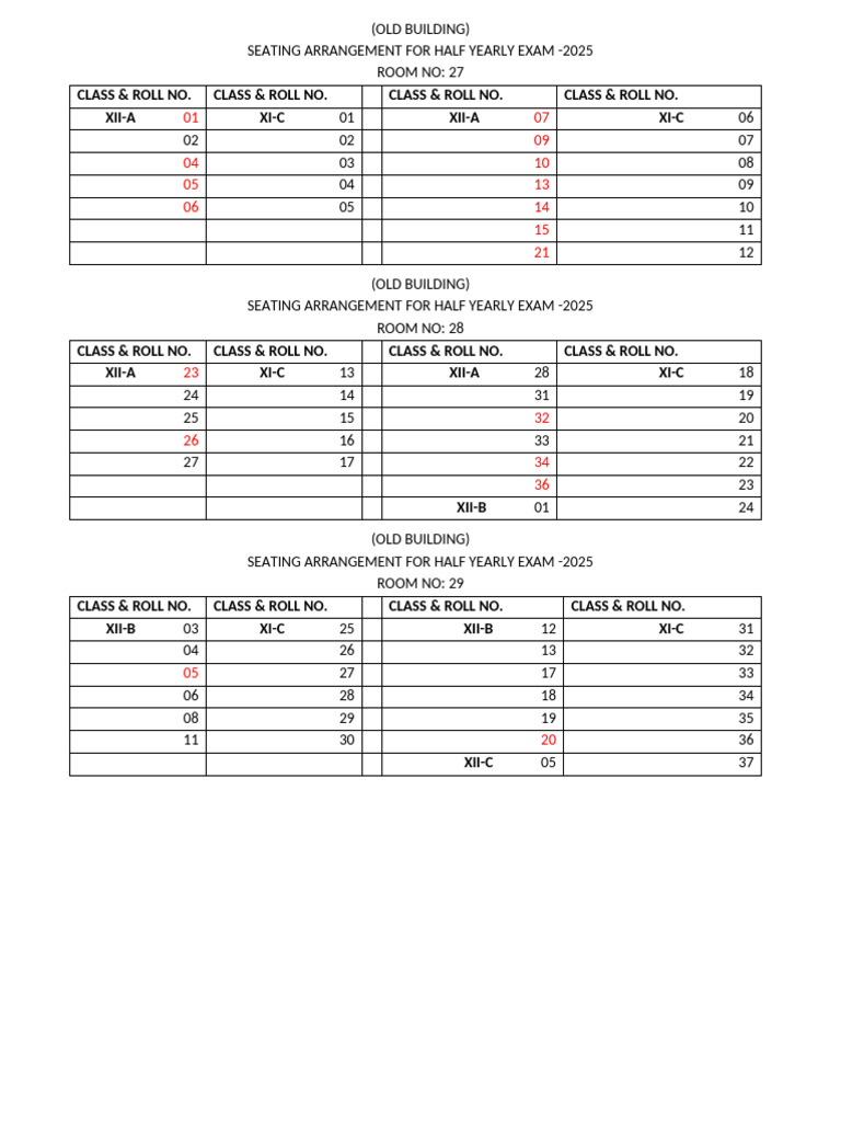 Halfyearly Exam 18-09-2025 Seating Plan of Xi, Xii | PDF